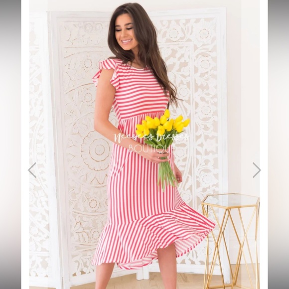 Reborn J | Dresses | Neesees Reborn J Coral White Stripe Ruffle Dress ...